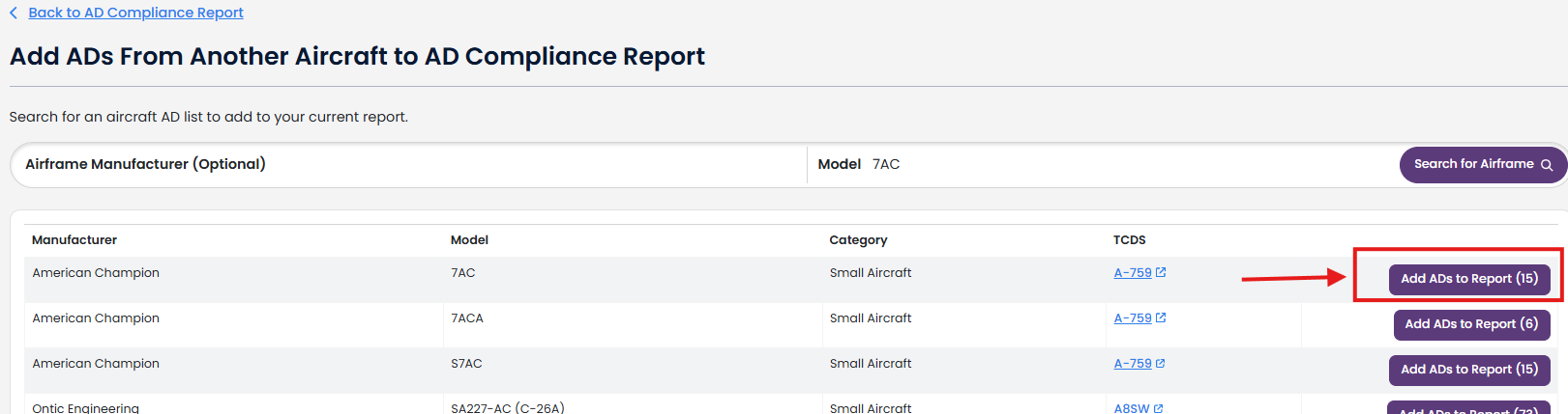 Add AD List from Another Aircraft to Report