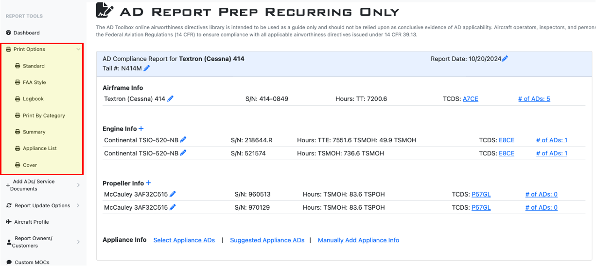 AD Compliance Reporting Print Options